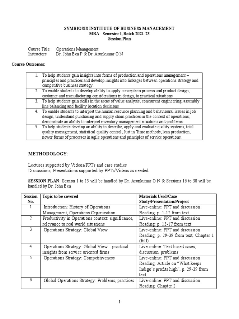 OM MBA SessionPlan | PDF | Operations Management | Design