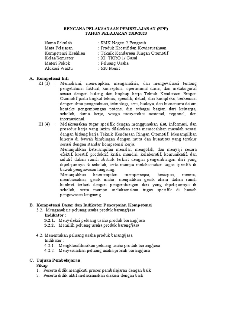 RPP PKK Peluang Usaha | PDF