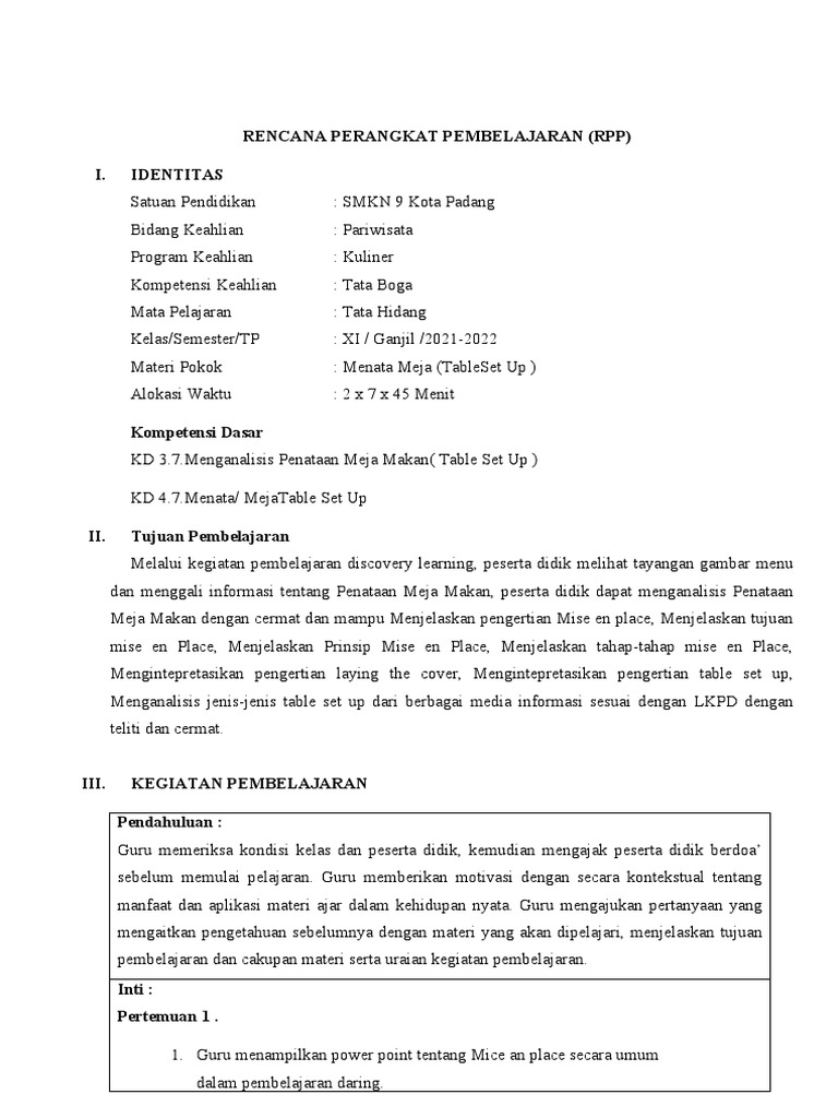 RPP KD 6 Menata Meja (Tableset Up) 21 | PDF