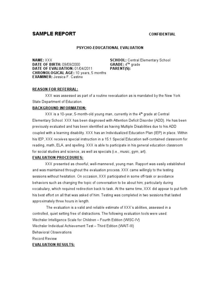 Sample Report 3 | PDF | Wechsler Adult Intelligence Scale | Pedagogy