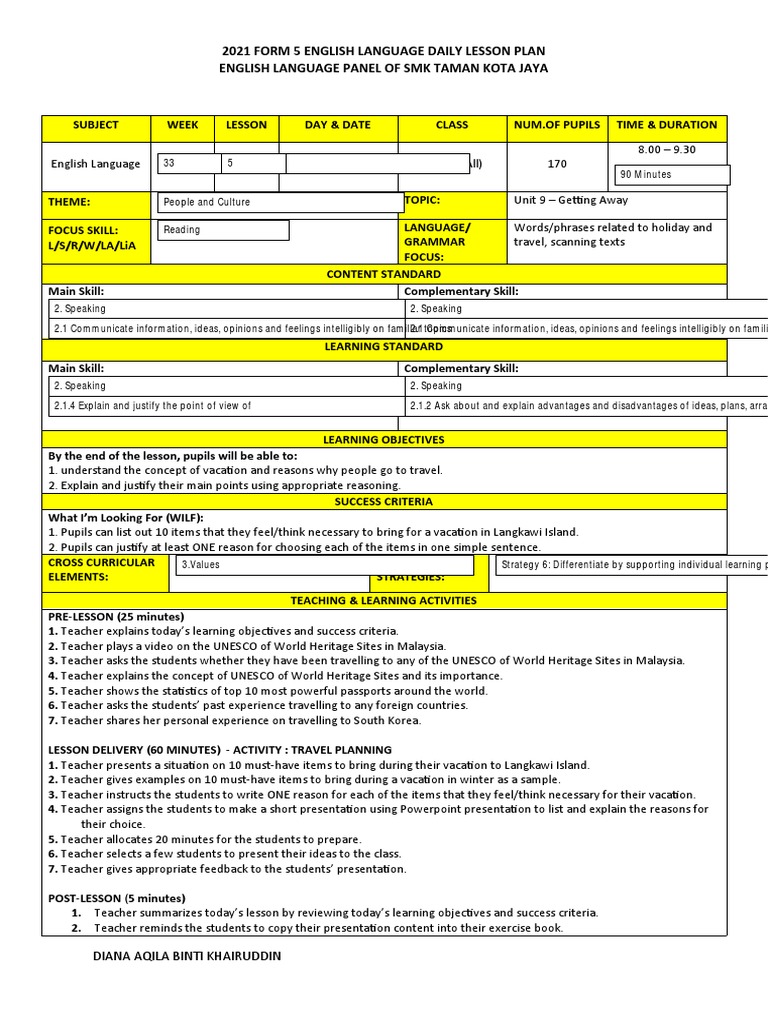 Sample FORM 5 LESSON PLAN (UNIT 9: Getting Away) | PDF | Teachers | Lesson Plan