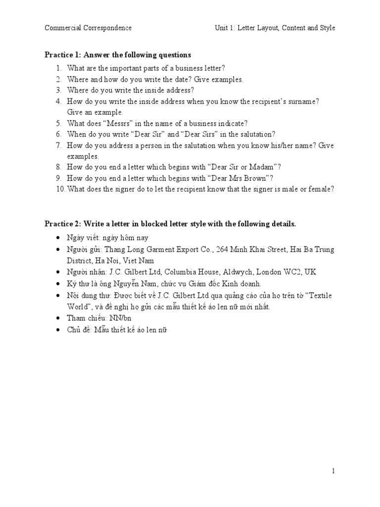 Practice 1: Answer The Following Questions: Commercial Correspondence ...