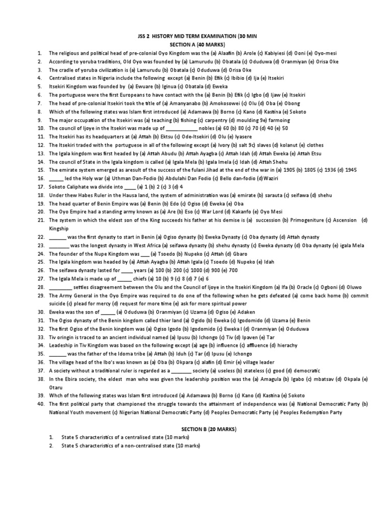 Jss 2 History Mid Term Examination (30 Min Section A (40 Marks) | PDF ...