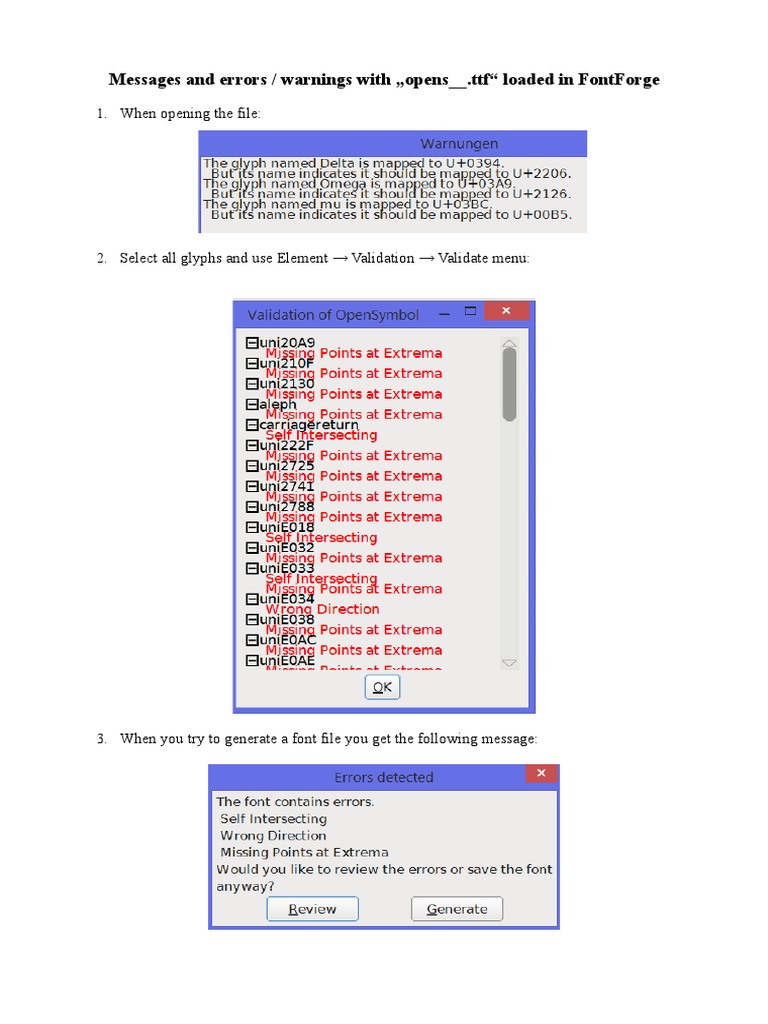 Messages and Errors / Warnings With Opens - .TTF" Loaded in Fontforge | PDF
