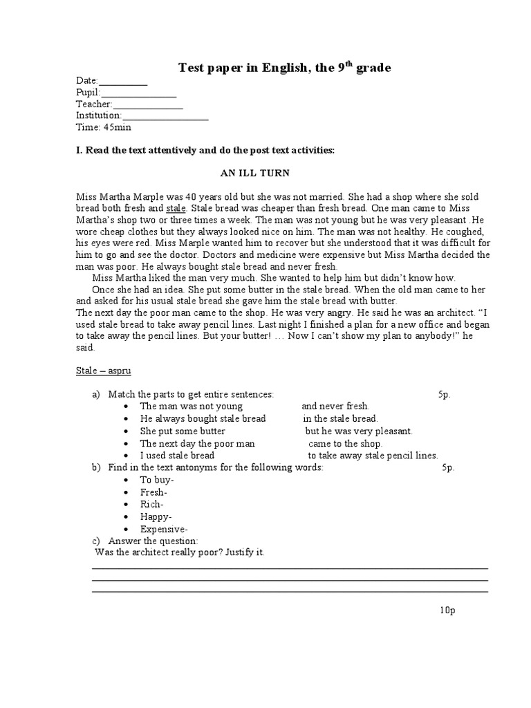 9th Grade English Test Paper | PDF | Syntax | Linguistic Morphology
