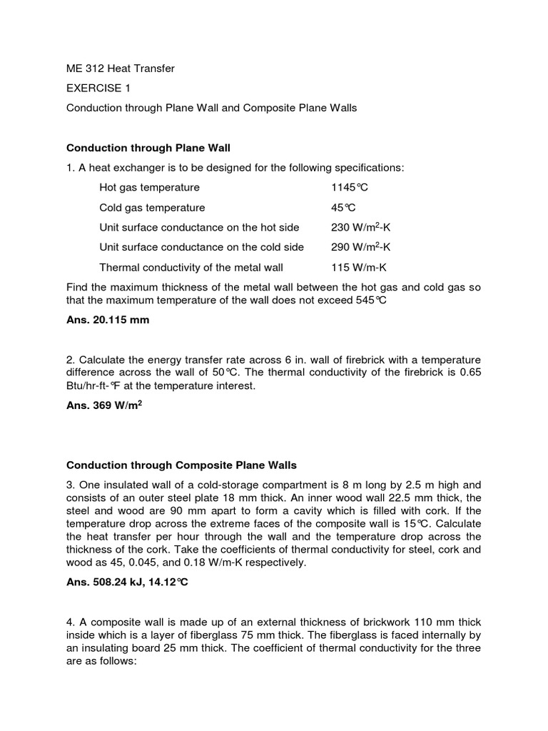EXERCISE 1 Conduction Through Plane Wall & Composite Plane Walls | PDF ...
