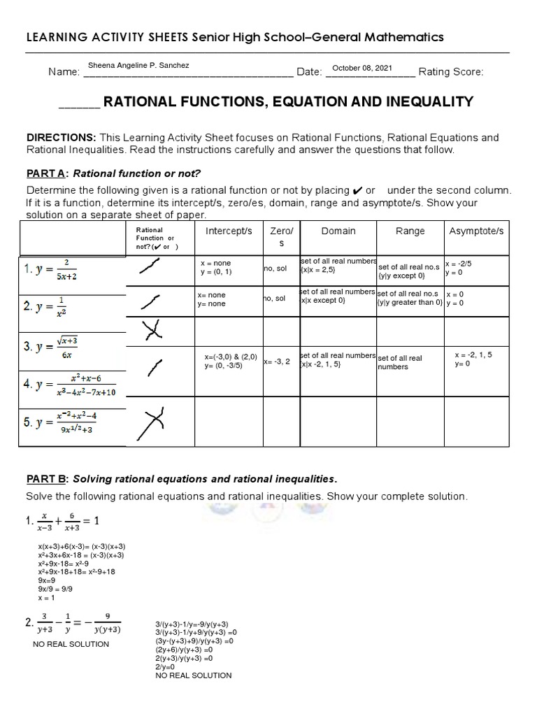 Rational Functions, Equation and Inequality: LEARNING ACTIVITY SHEETS Senior High School-General ...