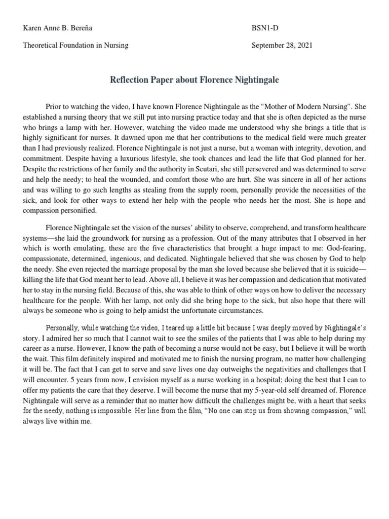 Reflection on Florence Nightingale's Impact | PDF | Florence ...