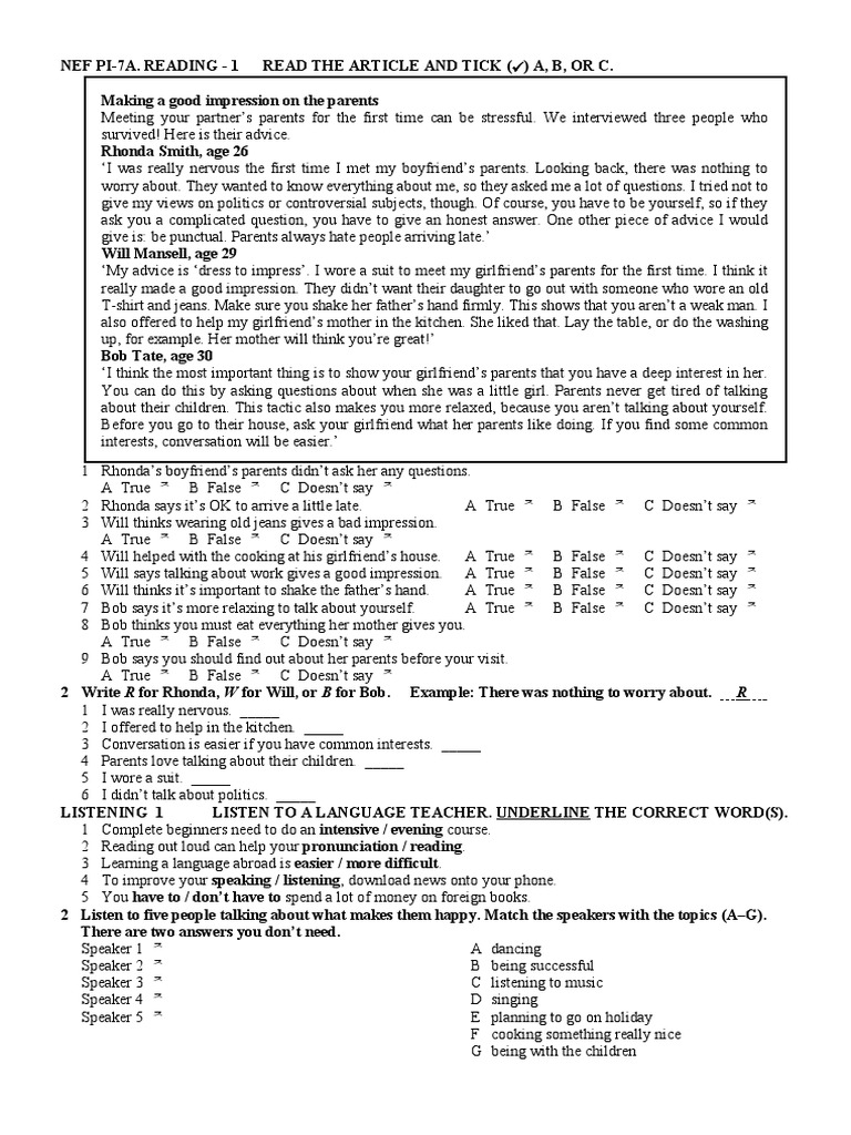 Pre-Intermediate Reading Test Guide | PDF