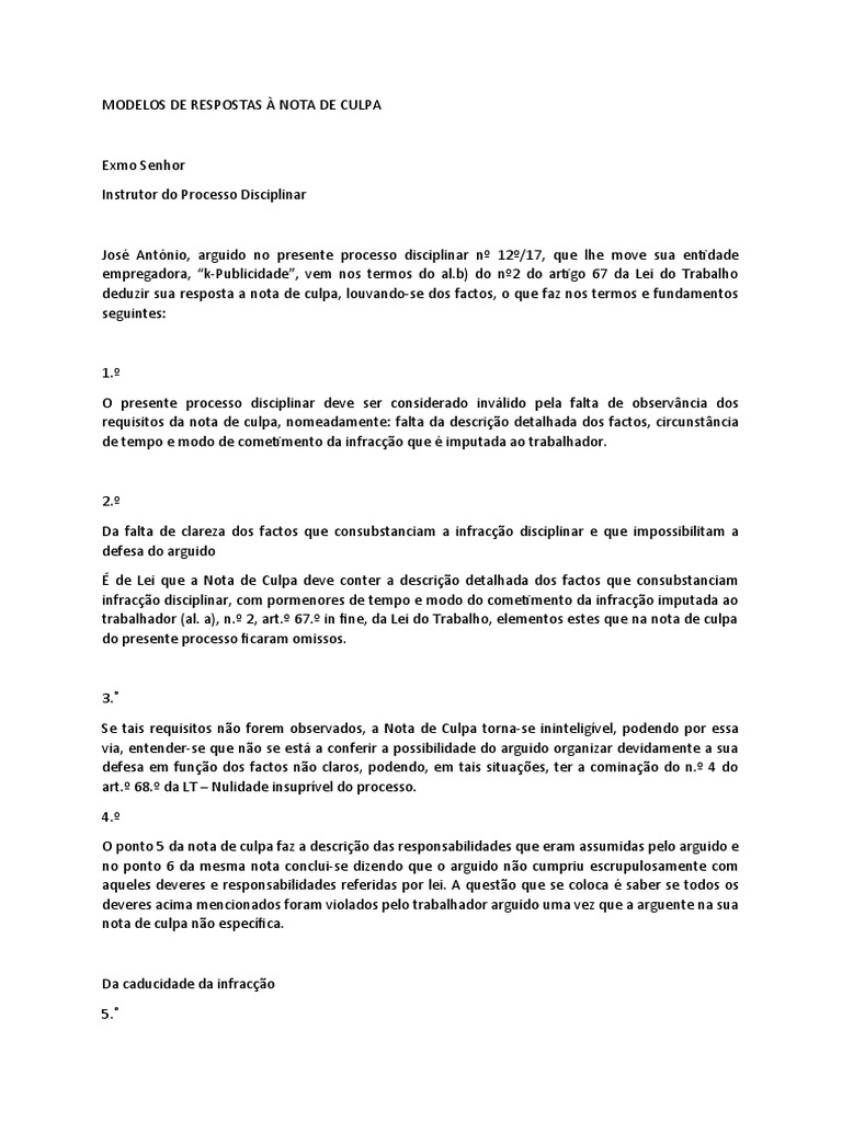 Modelos de defesa em processo disciplinar: análise de um pedido de ...