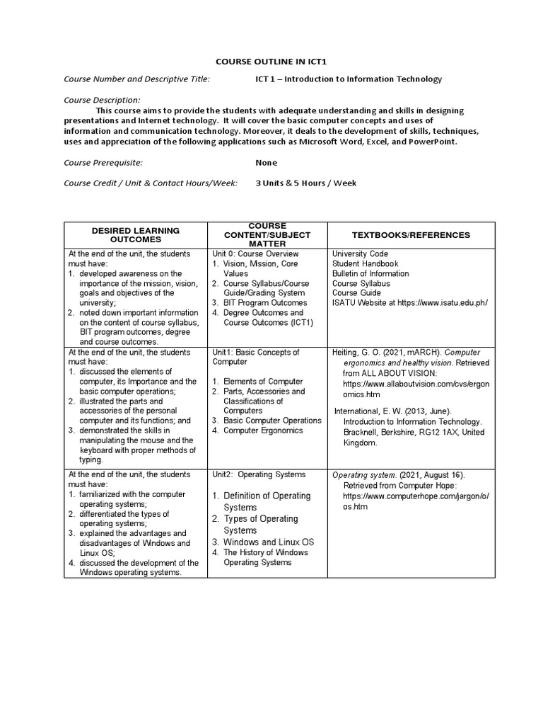 ICT1 Course Outline - BIT AY 2021-2022 | PDF | Microsoft Excel ...