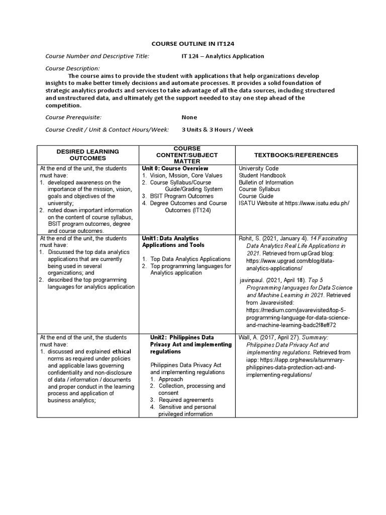 IT124 Course Outline - BSIT AY 2021-2022 | PDF | Analytics | Rubric ...