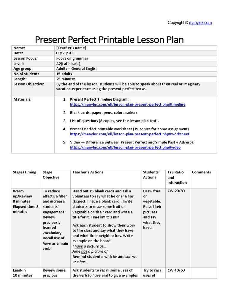 Present Perfect Lesson Plan | PDF | Verb | Lesson Plan