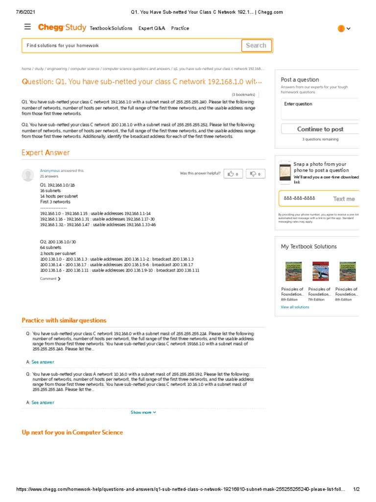 Q1. You Have Sub-Netted Your Class C Network 192.1... | PDF | Computer ...