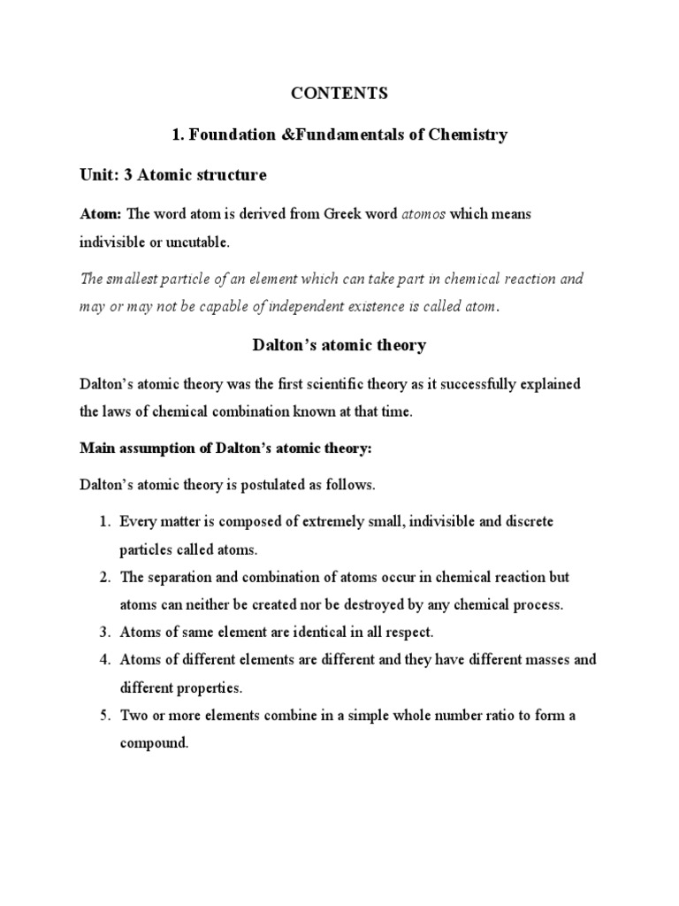Foundation &fundamentals of Chemistry Unit: 3 Atomic Structure | PDF ...