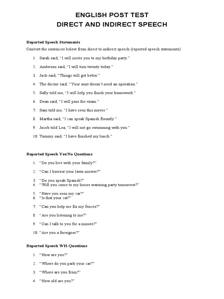 Direct and Indirect Post Test 1 | PDF