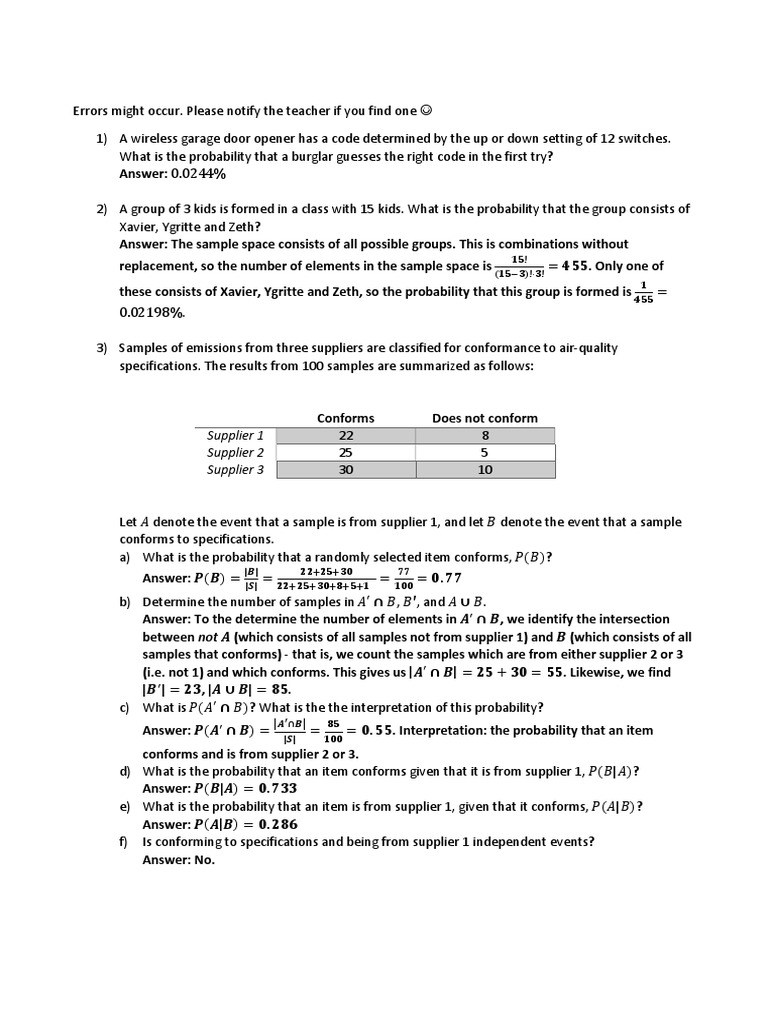 Exercises - Probability Theory - With Answers | PDF | Probability ...