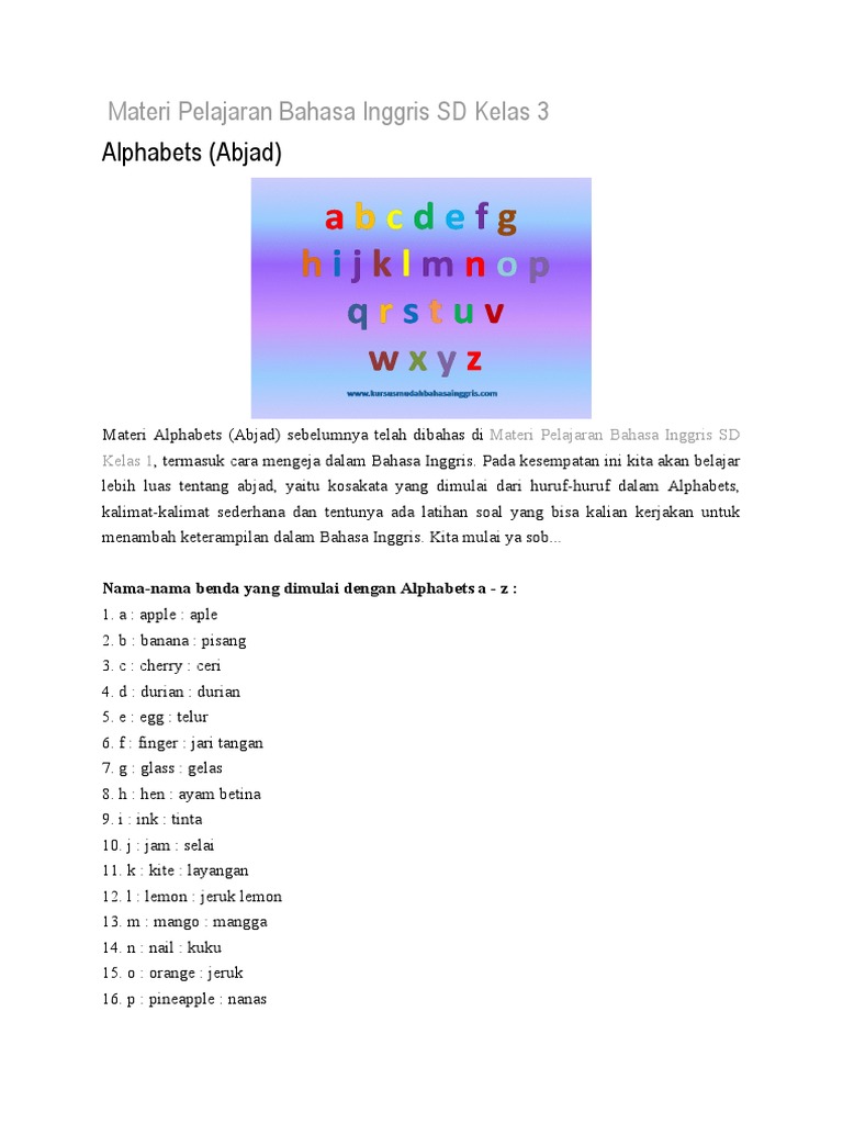 Materi Pelajaran Bahasa Inggris SD Kelas 3 | PDF | Kajian Bahasa Asing