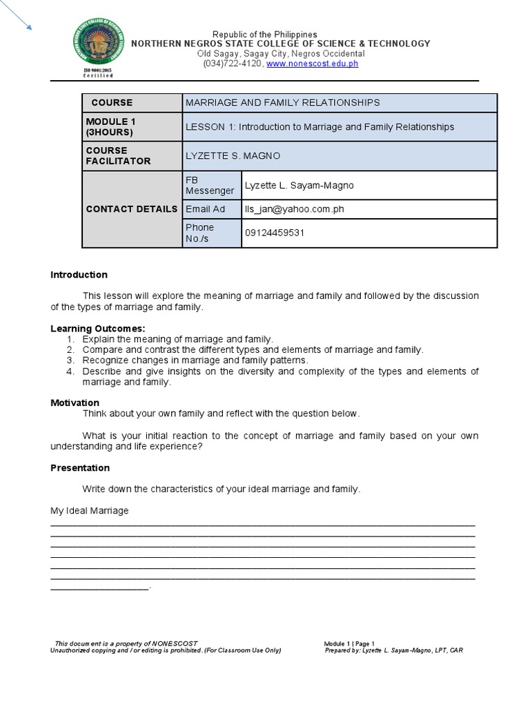 Prelim - Module 1-Marriage & Family Relationships | PDF | Marriage | Family