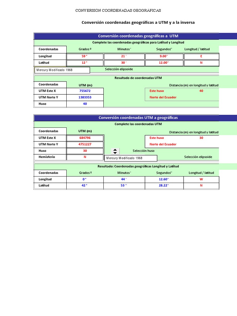 Planilla de Excel de Conversor Coordenadas Geograficas A Utm y Viceversa | PDF | Longitud ...