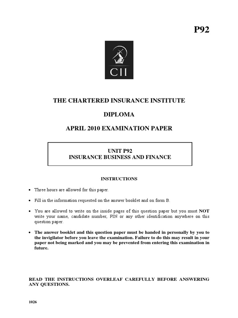 The Chartered Insurance Institute Diploma April 2010 Examination Paper ...