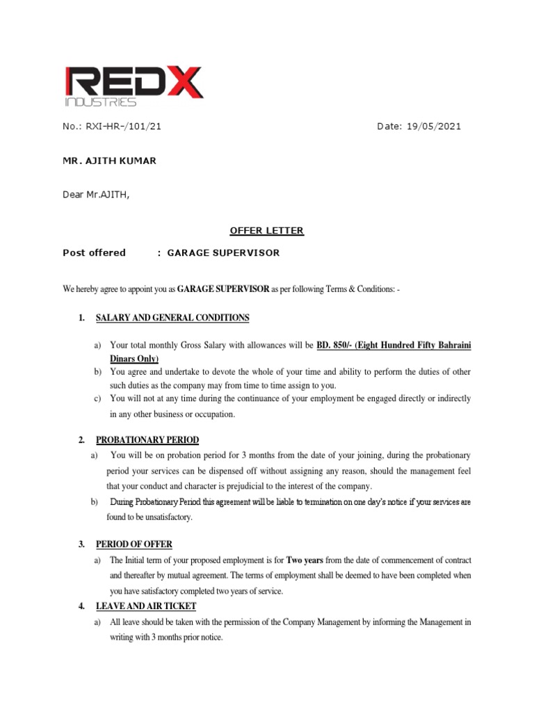 Offer Letter for Garage Supervisor Position | PDF | Business Law ...
