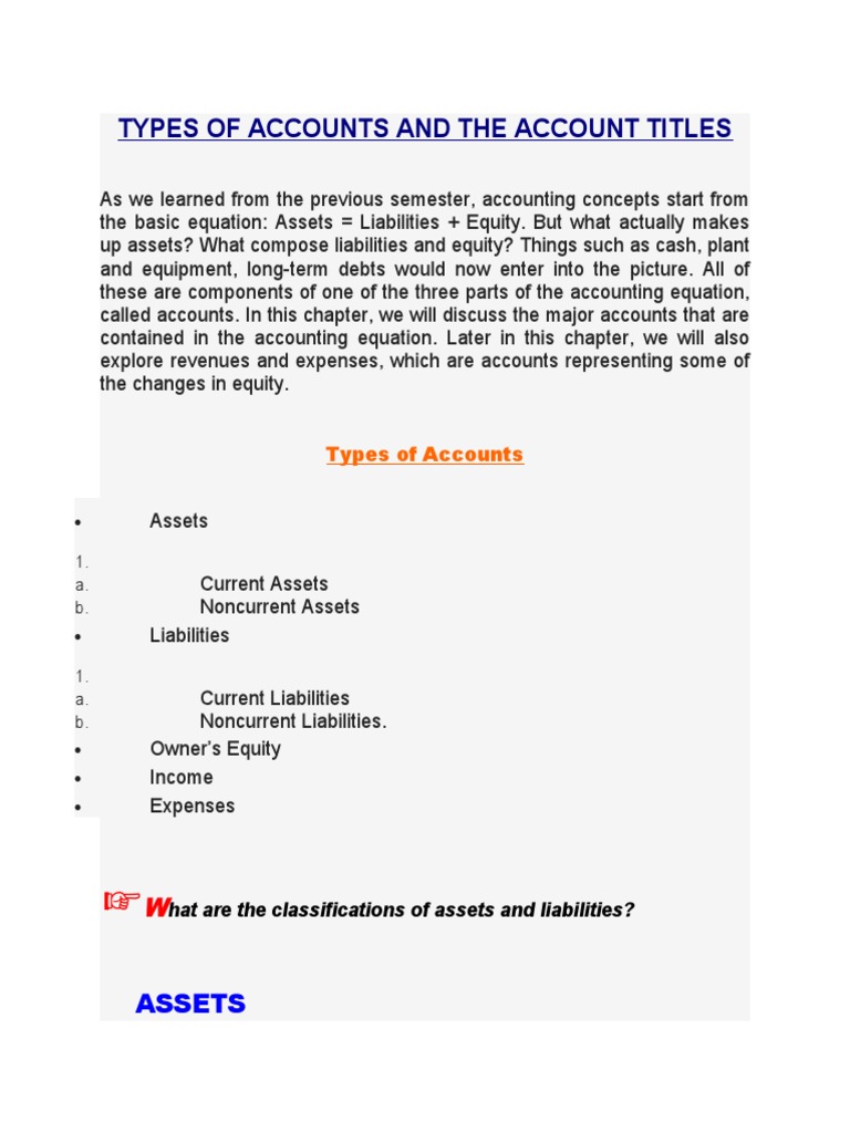 Types of Accounts and The Account Titles: Assets | PDF | Debits And ...