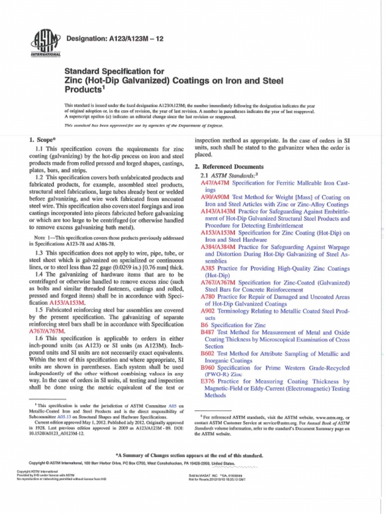 ASTM A123 A123M-12 Standard Specification | PDF