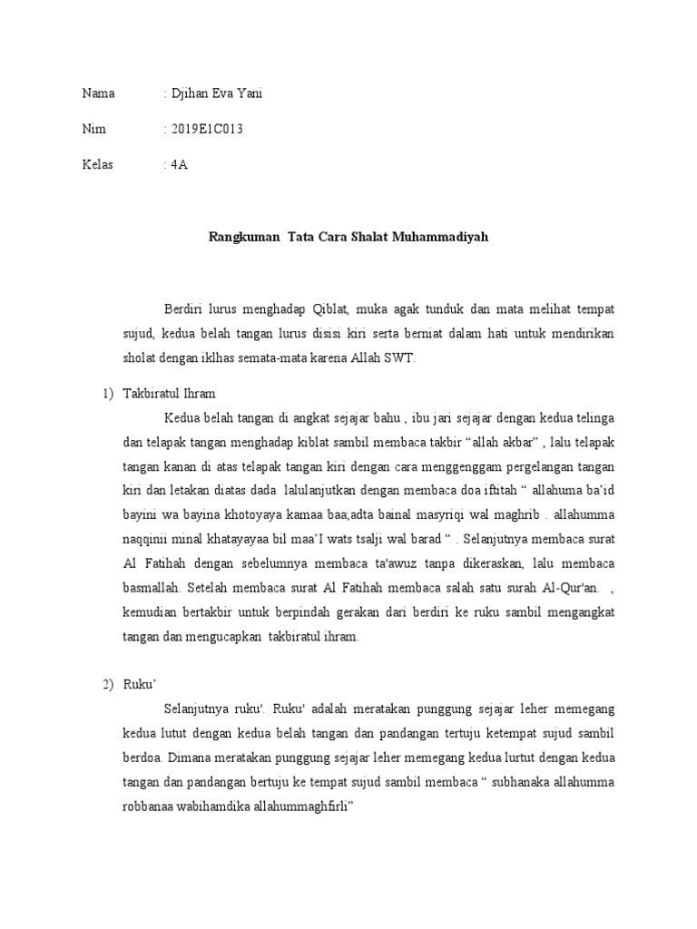 Ringkasan Tata Cara Sholat Muhammadiyah (Djihan Eva Yani) | PDF