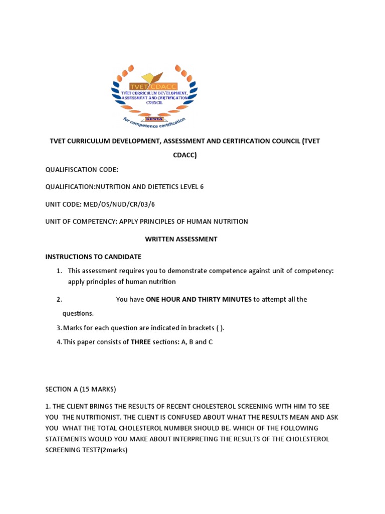 Tvet Curriculum Development, Assessment and Certification Council (Tvet Cdacc) | PDF | Vitamin ...