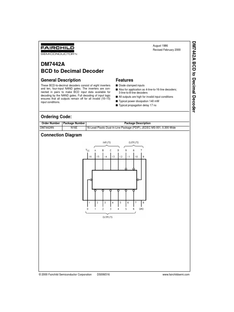 DM7442A BCD To Decimal Decoder: General Description Features | PDF ...