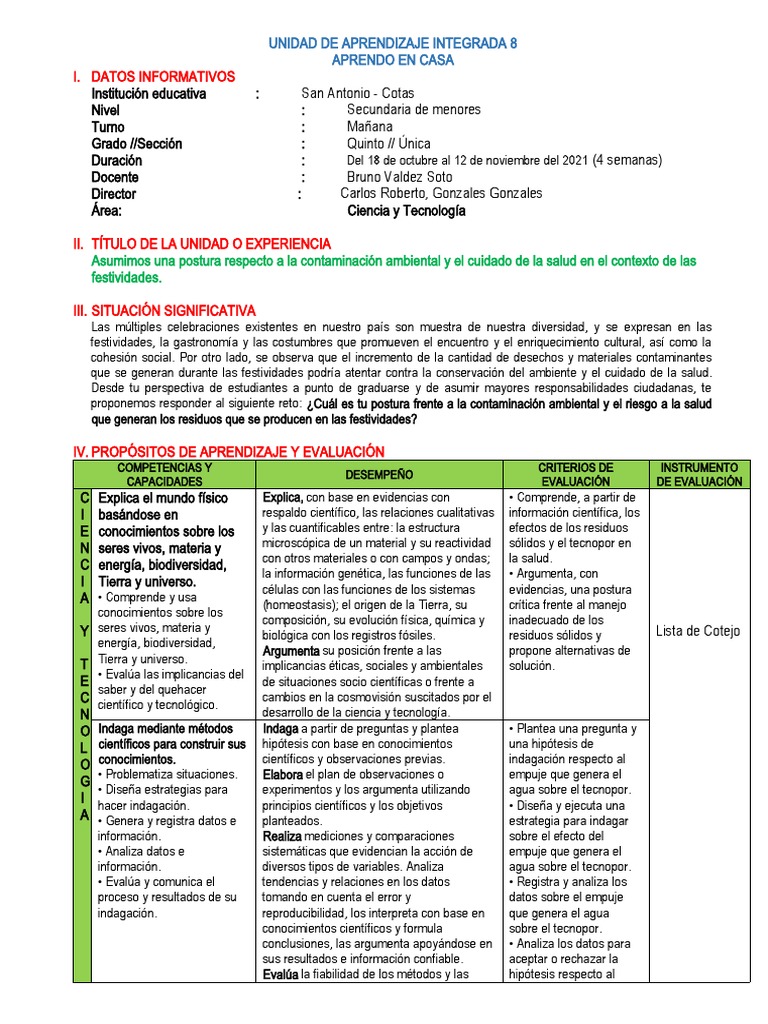 Experiencia de Aprendizaje 5° Grado | PDF | Aprendizaje | Residuos