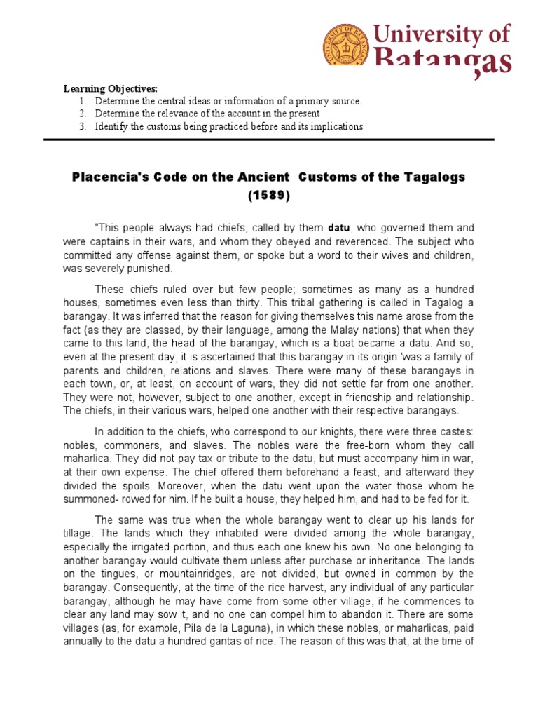 Placencia's Code On The Ancient Customs of The Tagalogs (1589) | PDF ...