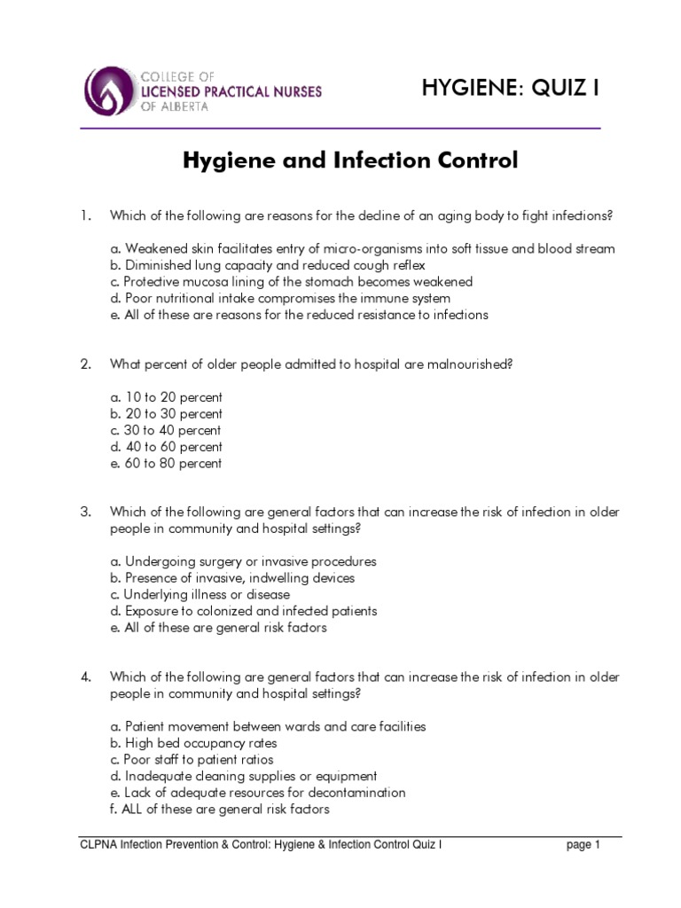 Hygiene and Infection Quiz | PDF | Infection | Transmission (Medicine)