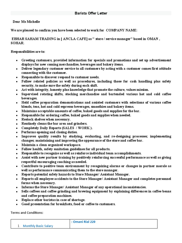 Sample Barista Offer Letter | PDF | Coffee | Merchandising