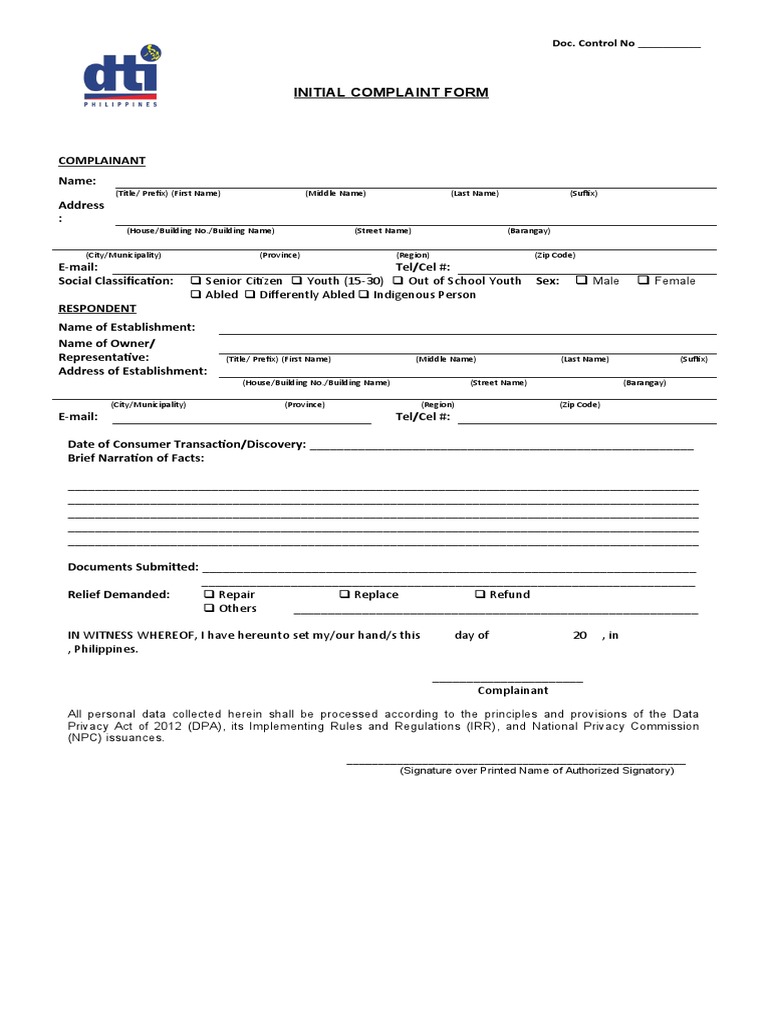 DTI Initial Complaint Form | PDF | Government And Personhood | Civil ...