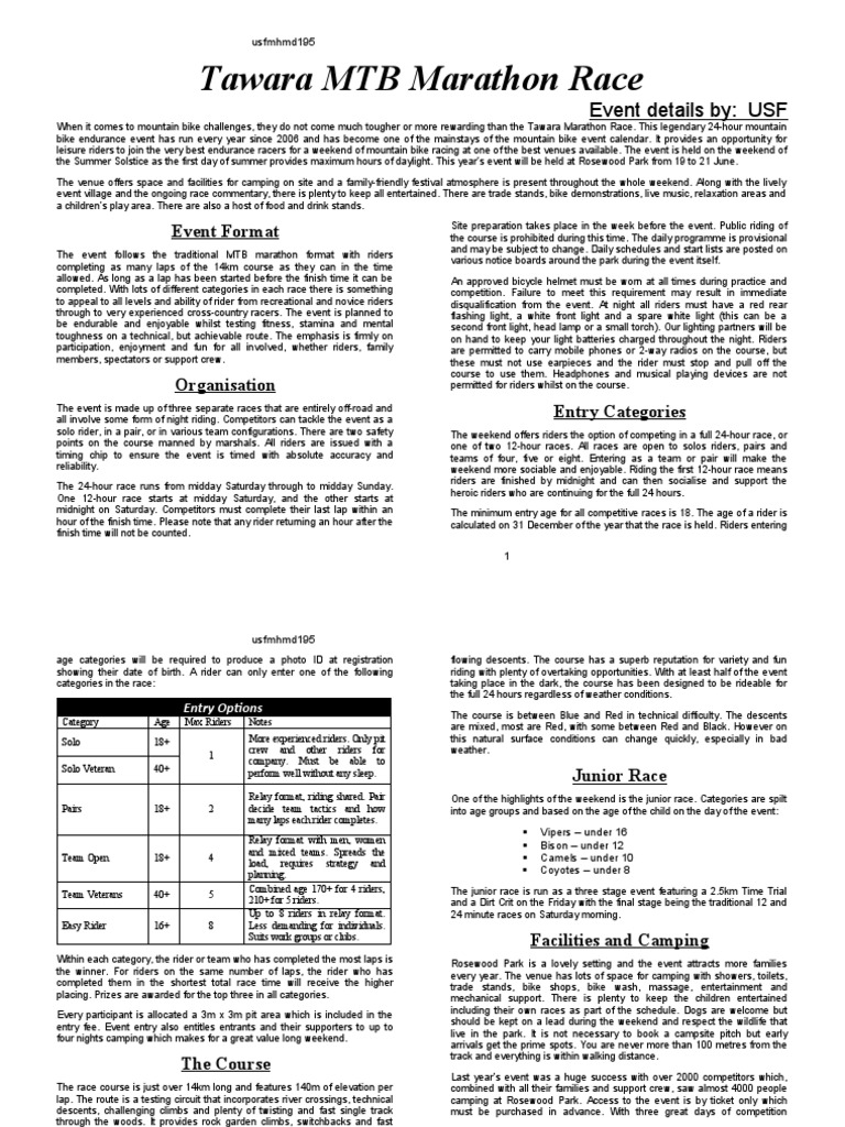 Tawara MTB Marathon Race: Event Details By: USF | PDF | Sports