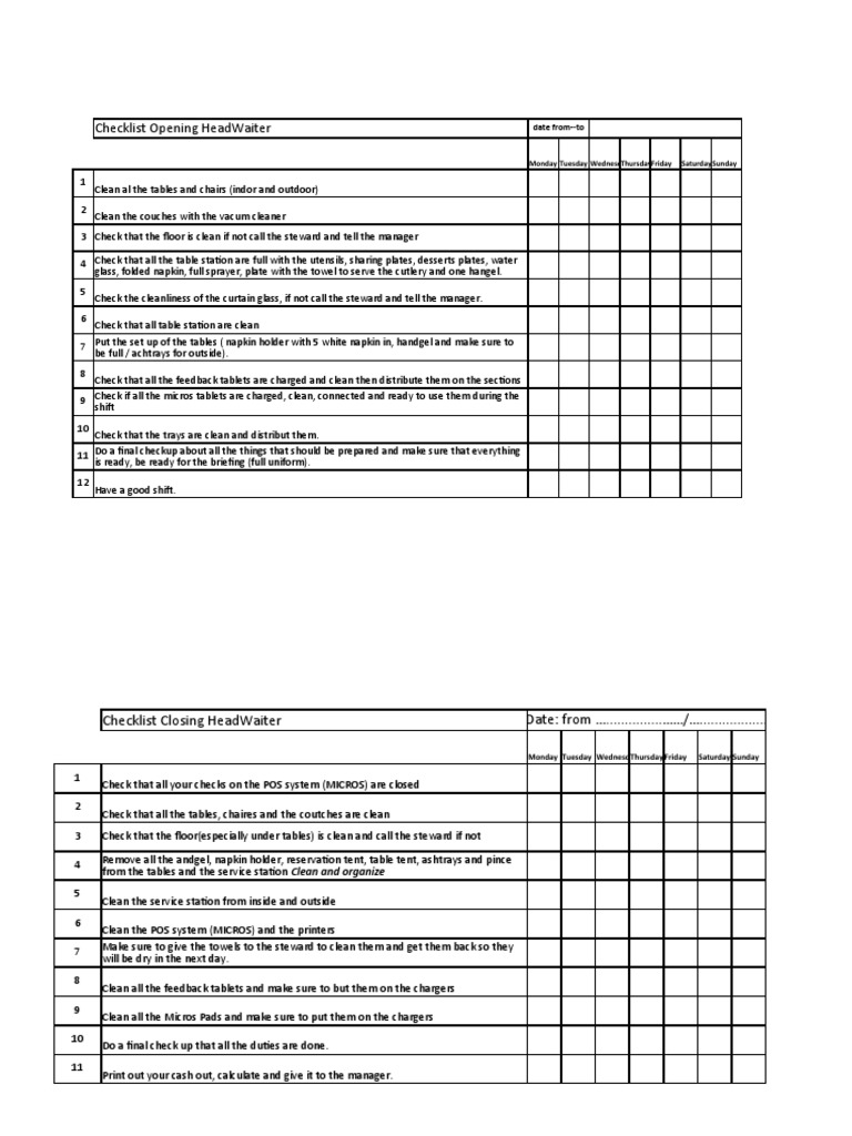 Head Waiter Checklist for Daily Duties | PDF | Home | Domestic Life