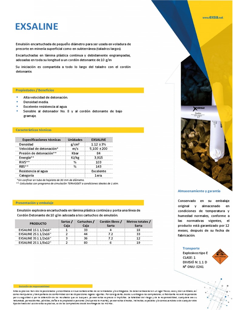 Emulsión explosiva de pequeño diámetro EXSALINE para voladura en ...