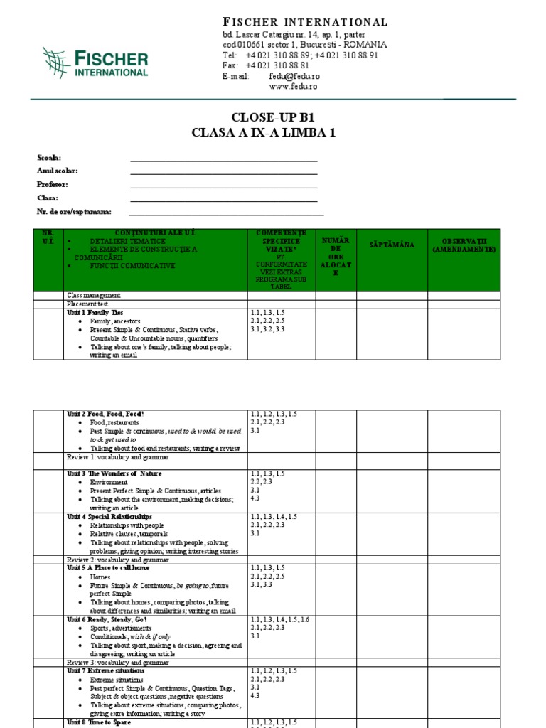 Planificare Calendaristica Close-Up B1 | PDF | Syntax | Language Mechanics