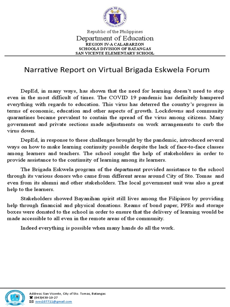 Narrative Report On Brigada Eskwela Forum | PDF
