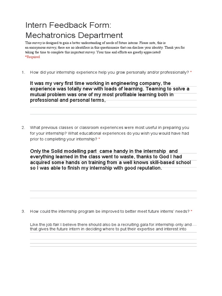 Intern Feedback Form: Mechatronics Department: Required | PDF