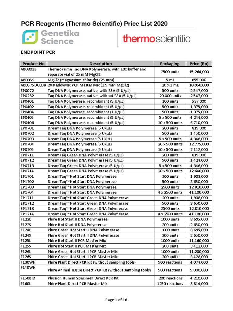 Thermo Scientific 2020 - PCR Reagents Price List | PDF | Agarose Gel ...