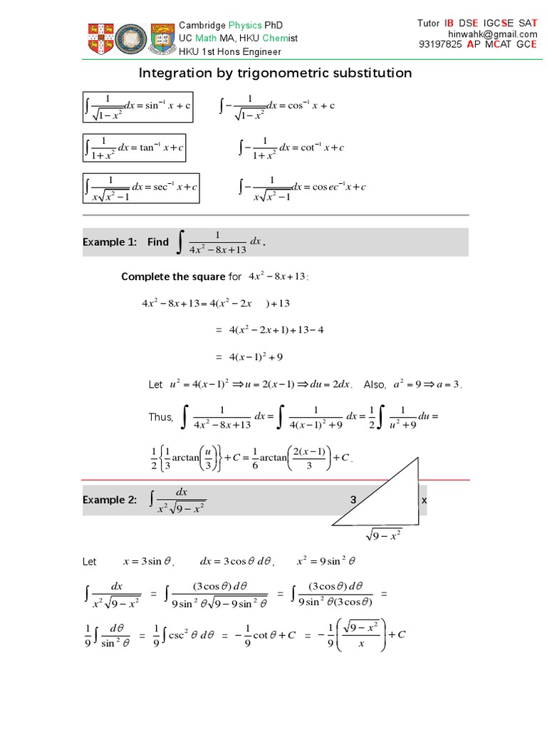 9.5 Integration by Trigonometric Substitution Ray | PDF | Trigonometric ...