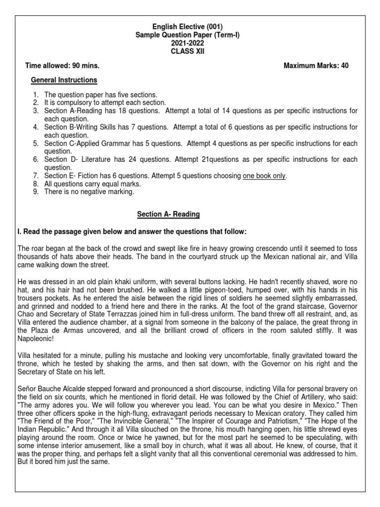 English Elective (001) Sample Question Paper (Term-I) 2021-2022 Class ...