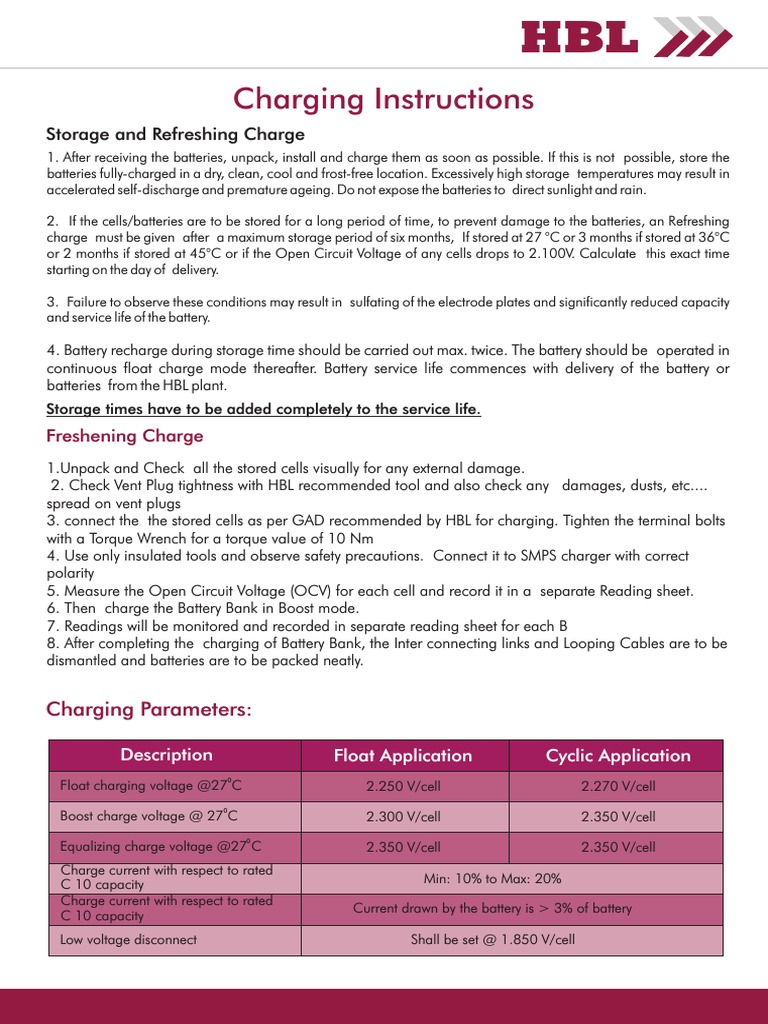 Charging Instructions: Storage and Refreshing Charge | PDF | Battery ...
