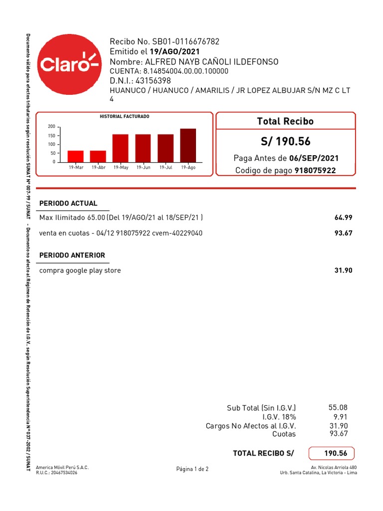 Recibo de servicio de telefonía móvil que detalla el consumo de datos ...