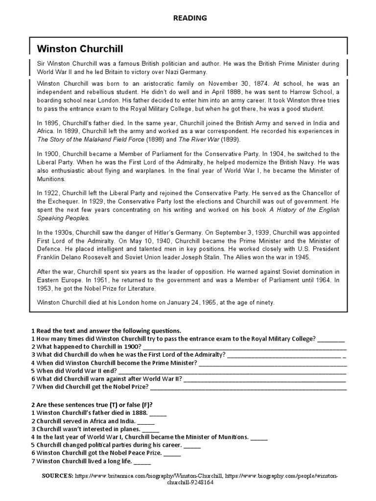 Winston Churchill Reading Reading Comprehension Exercises 99912 | PDF ...