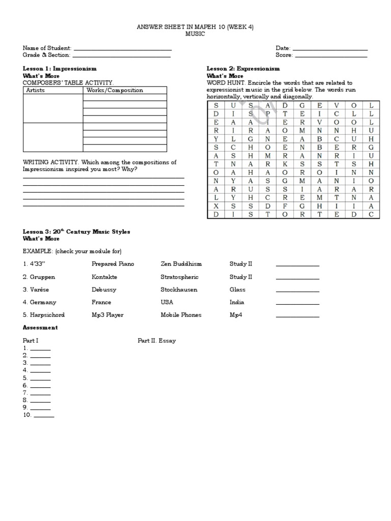 Answer Sheet in Mapeh 10 | PDF | Language Arts & Discipline