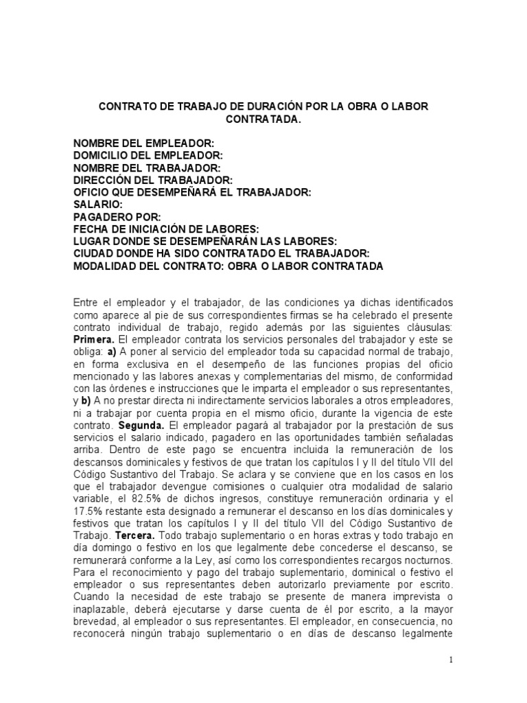 Contrato de trabajo por obra o labor contratada para cubrir vacaciones temporales en EDS Mobil ...
